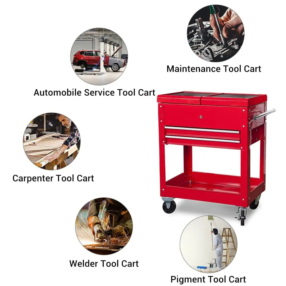 Steel Tool Service Utility Push Cart with Lockable Drawers