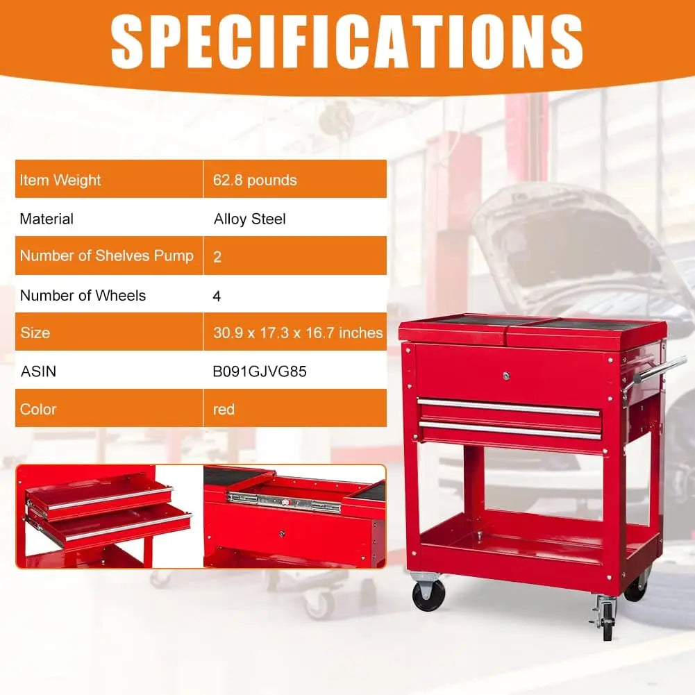 Steel Tool Service Utility Push Cart with Lockable Drawers